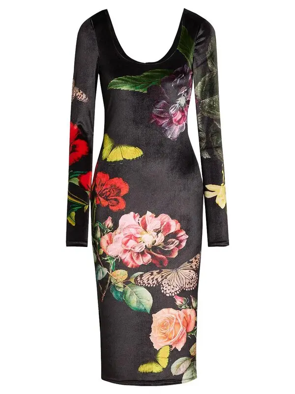 Alice + Olivia Delora Floral-print Stretch-velvet Midi Dress - Black