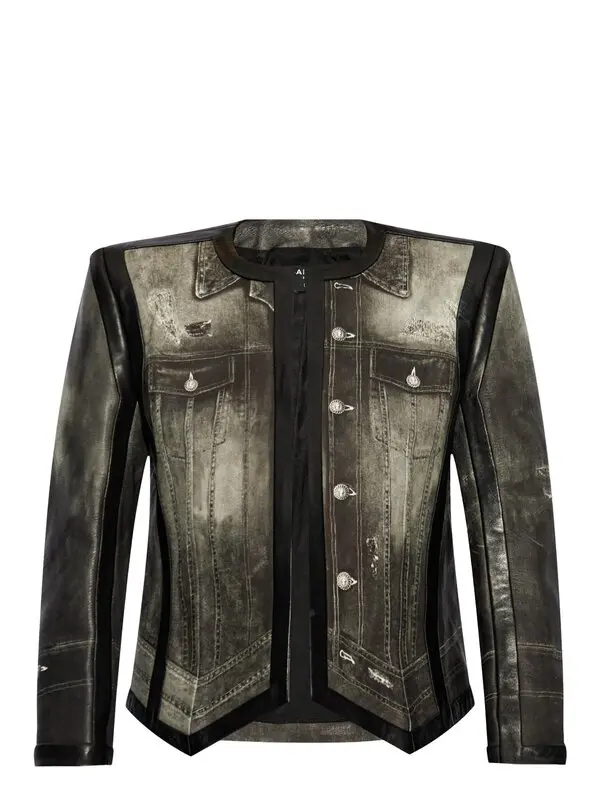 Balmain Leather Jacket With Print - Grey