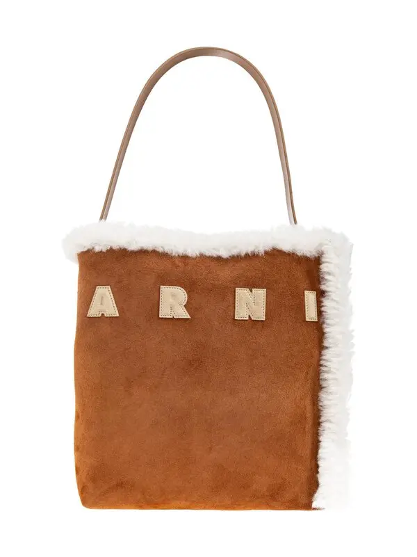 Marni Leather Shopper Tote With Fur Trim - Brown