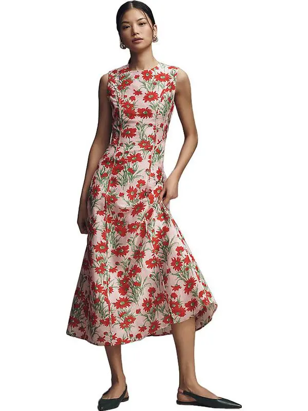 LOVAAN Pollyanna Linen Silk Blend Sleeveless Midi Dress - Aster Floral