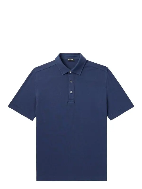 Zegna Leather-trimmed Cotton-piqué Polo Shirt - Blue