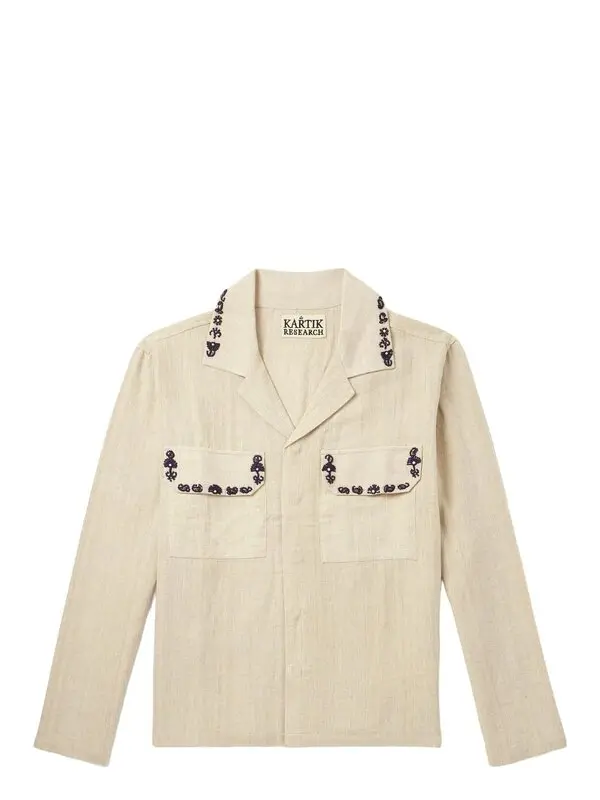 KARTIK RESEARCH Camp-collar Embellished Embroidered Cotton Shirt - Neutrals
