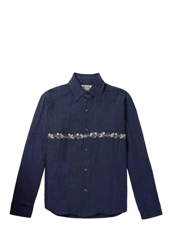 KARTIK RESEARCH Layered Appliquéd Embellished Embroidered Pinstriped Linen Shirt - Blue