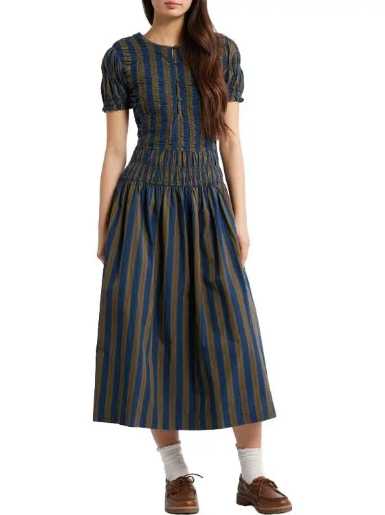 DAMSON MADDER Sienna Stripe Organic Cotton Dress - Blue/green Multi