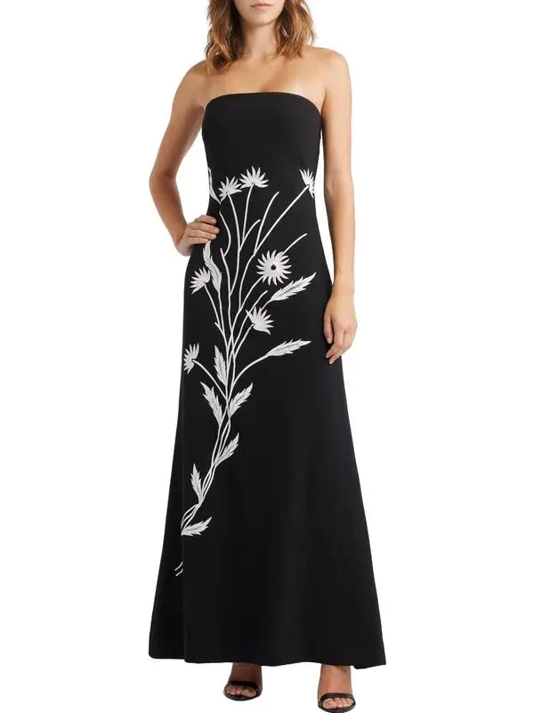 Parker Floral Appliqué Strapless Maxi Dress - Rich Black