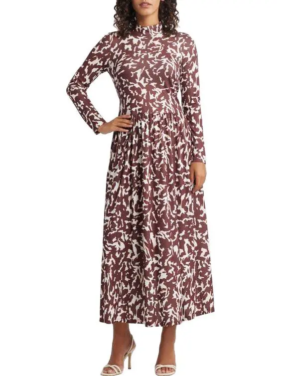 Parker Printed Mock Neck Long Sleeve Maxi Dress - Rum Raisin