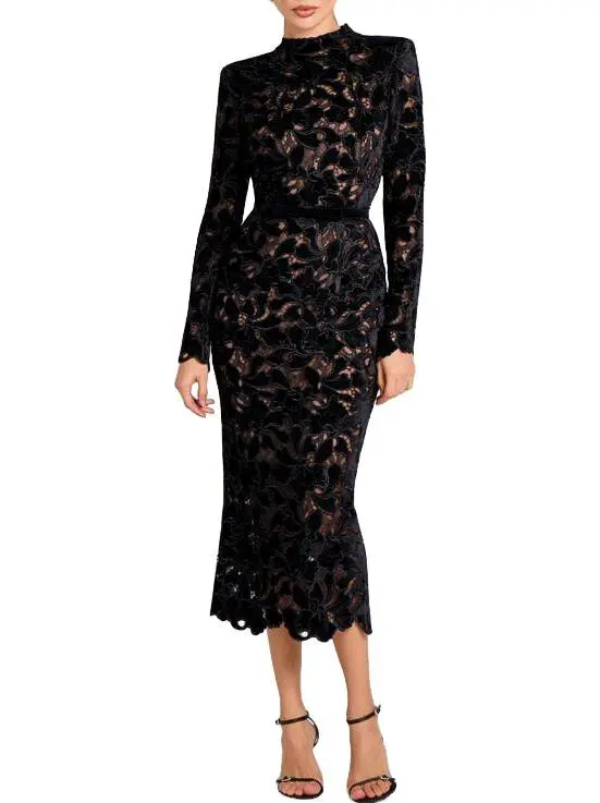 NADINE MERABI Long Sleeve Lace Cocktail Dress - Black