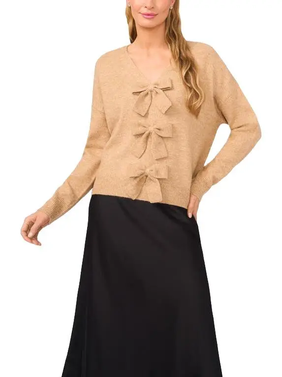 CECE DUPRAZ Bow-embellished V-neck Sweater - Latte Heather