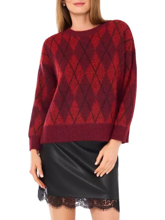 Vince Camuto Argyle Eyelash Jacquard Crewneck Sweater - Burgundy