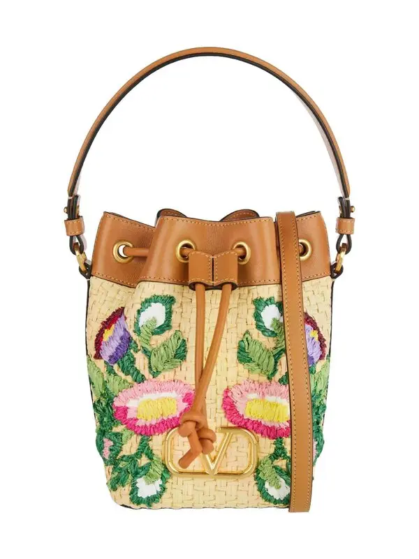 Valentino Garavani Floral-embroidered Bucket Bag - Neutrals