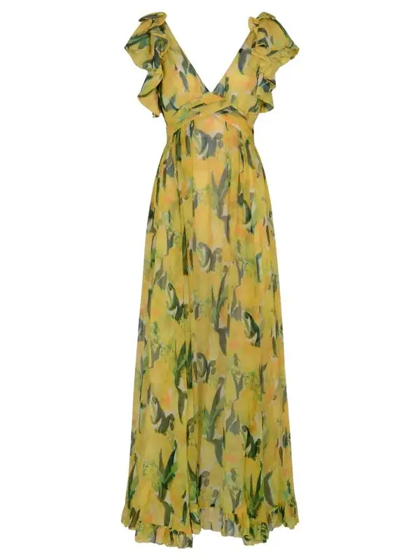 La DoubleJ Floral-print Silk Dress With Ruffle Details - Yellow