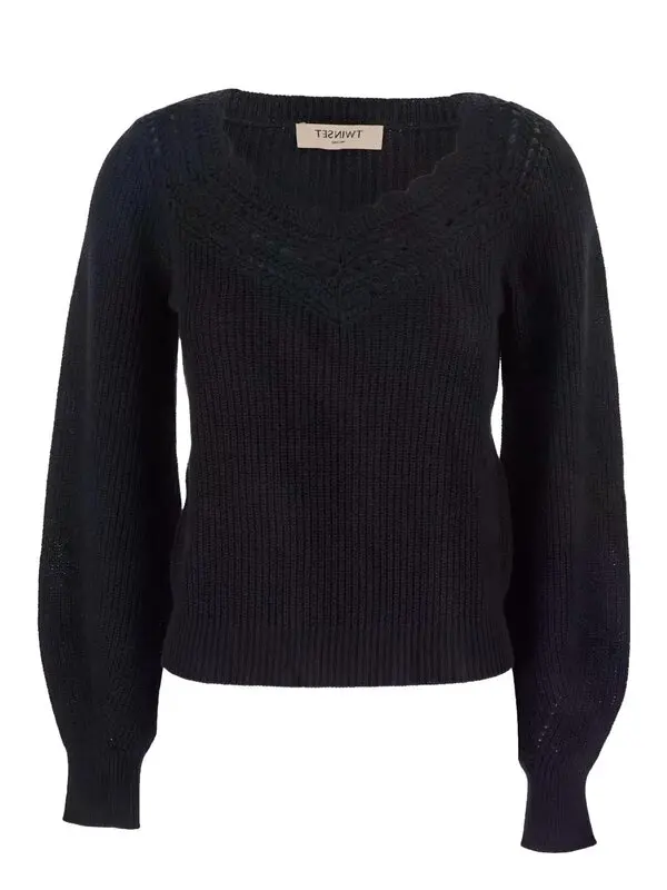 TWINSET Ribbed Knit V-neck Sweater With Embroidered Collar - Black