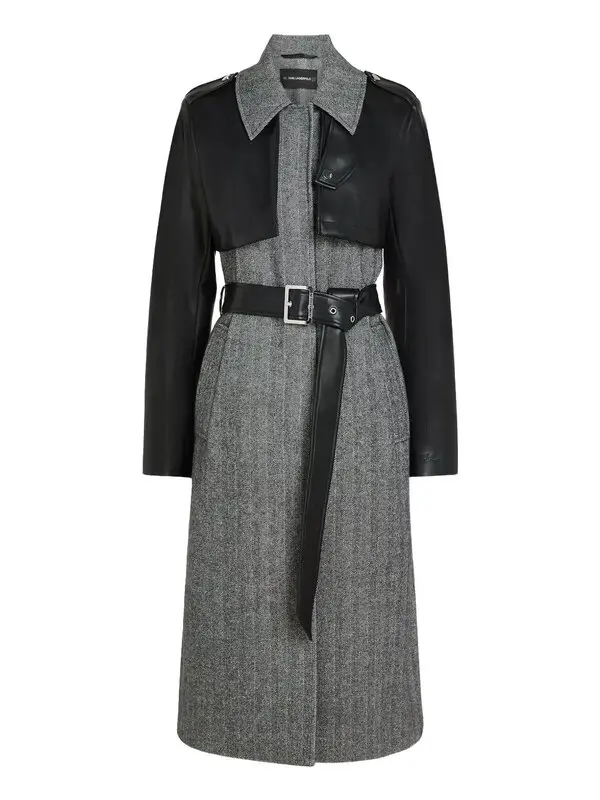 Karl Lagerfeld Belted Herringbone Coat - Black