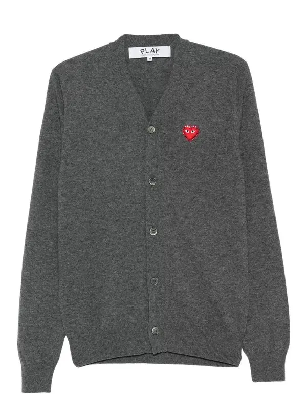 Play Comme Des Garcon Logo Heart-emblem V-neck Cardigan - Grey