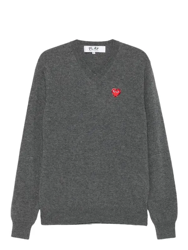Play Comme Des Garcon Heart-emblem V-neck Sweater - Grey