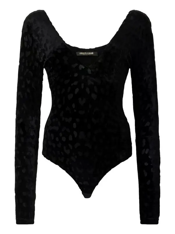 Roberto Cavalli Jaguar-print Velvet Bodysuit - Black