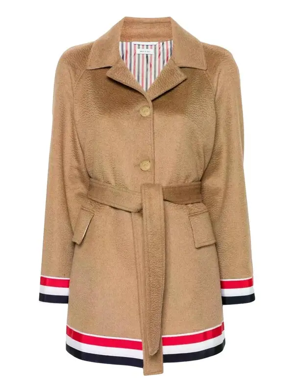 Thom Browne Belted Coat With Rwb Stripe - Neutrals