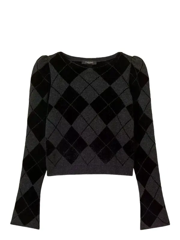 TWINSET Puff-sleeve Diamond-pattern Jumper - Black