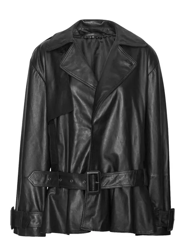 ROTATE BY BIRGER CHRISTENSEN Belted Ruffle Leather Jacket - Black