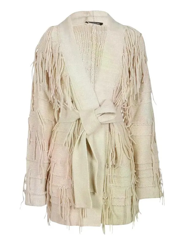 CANESSA Fringe Trim Cable Knit Belted Cardigan - Neutrals