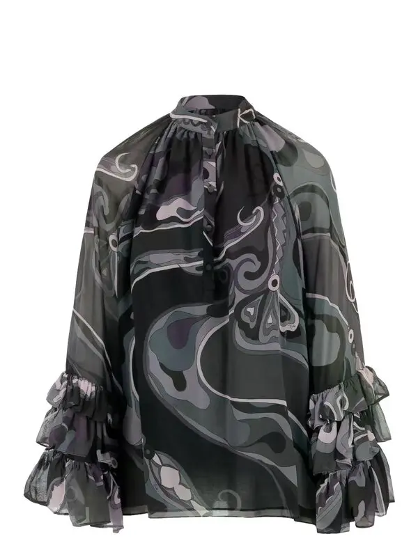 Emilio Pucci Abstract-print Ruffled Blouse - Black