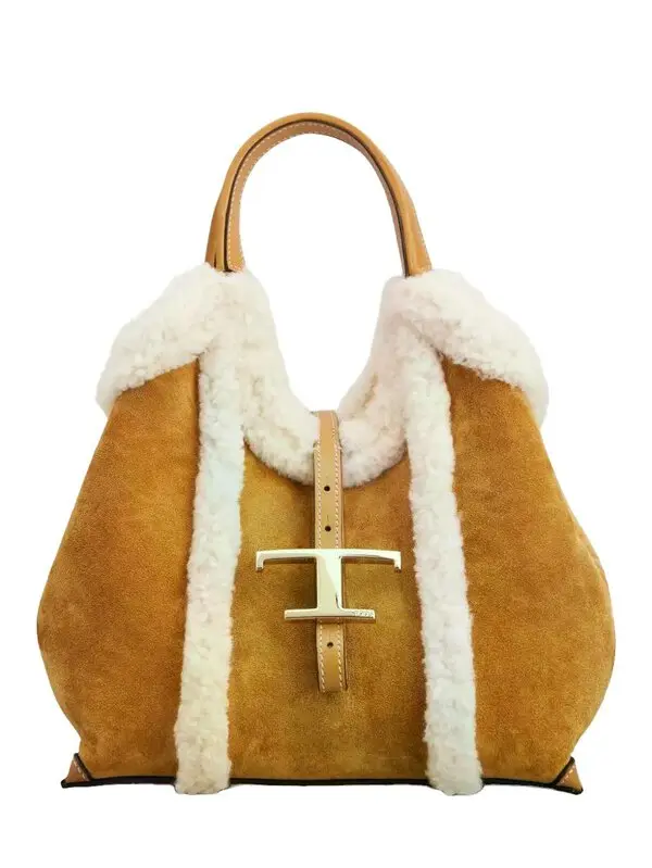 TOD'S Shearling-trimmed Suede Bag - Brown