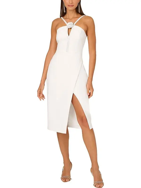 Adrianna Papell Stretch Crepe Halter Midi Dress - Ivory