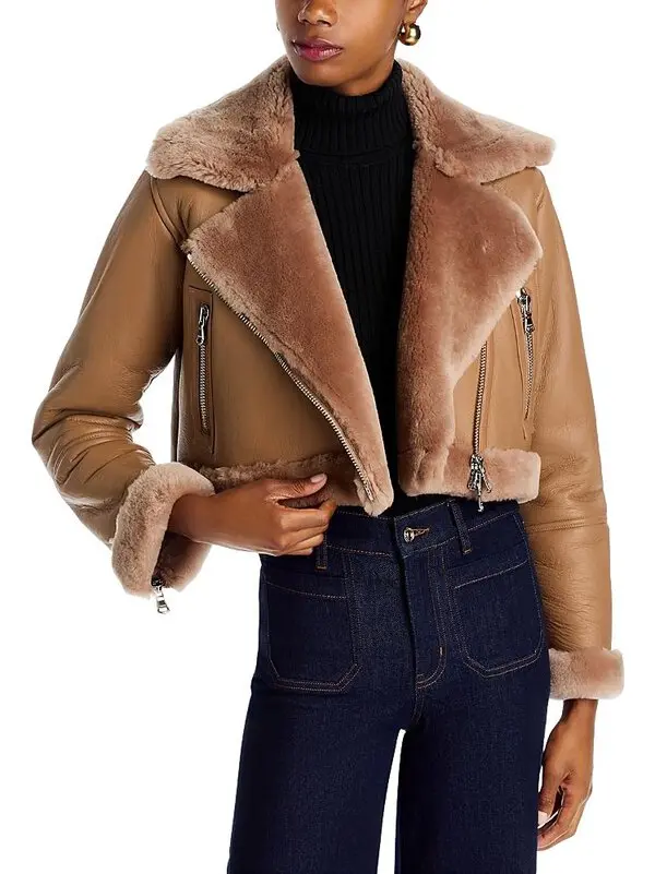 L'Agence Pike Cropped Shearling Jacket - Chanterell