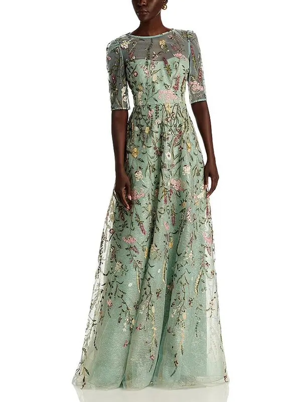 Rickie Freeman For Teri Jon Floral Embroidered Tulle Elbow Sleeve Gown - Sage Multi