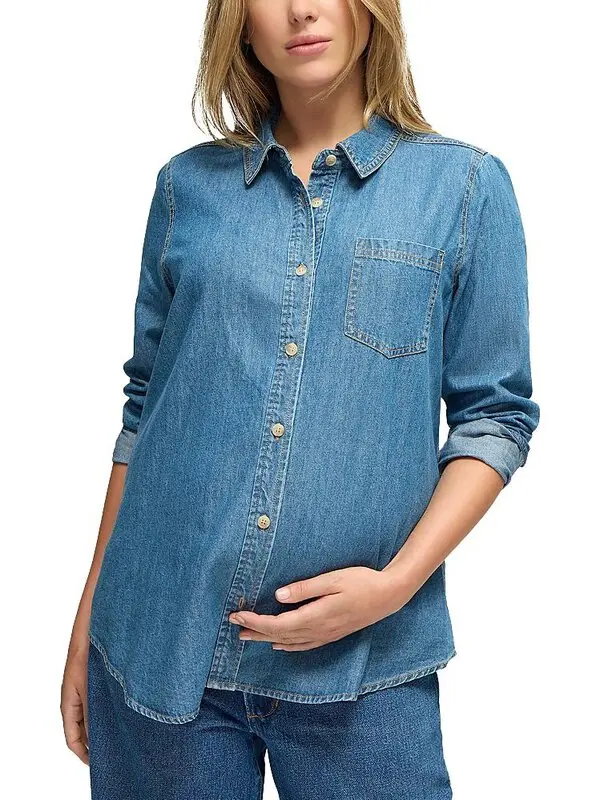 Ingrid & Isabel Button Down Denim Maternity Shirt - Med Wash