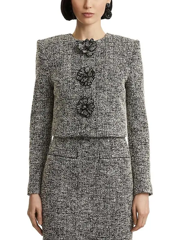 Oscar De La Renta Long Sleeve Boucle Tweed Jacket - Black/ivory