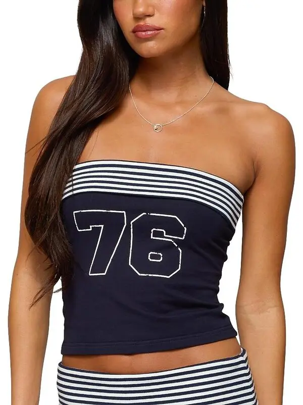 EDIKTED 76 Stripey Fold Over Tube Top - Navy-and-white