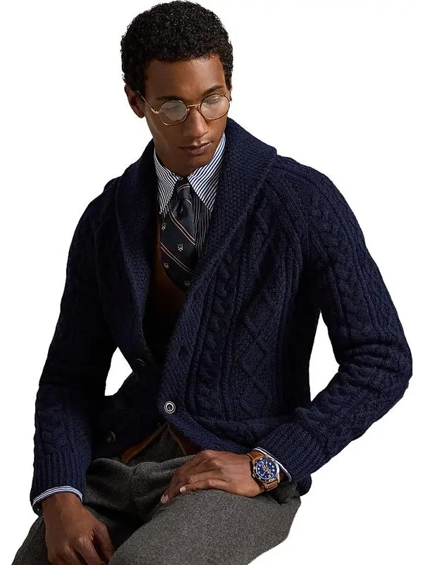 Polo Ralph Lauren Suede Patch Wool Alpaca Cardigan - Blue