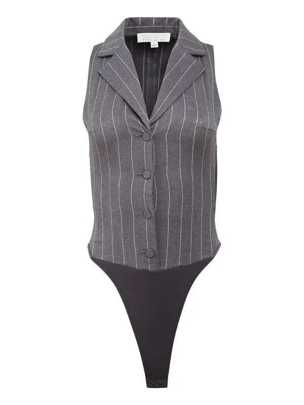 Fleur Du Mal Maxwell Vest Bodysuit - Dark Grey Pinstripe