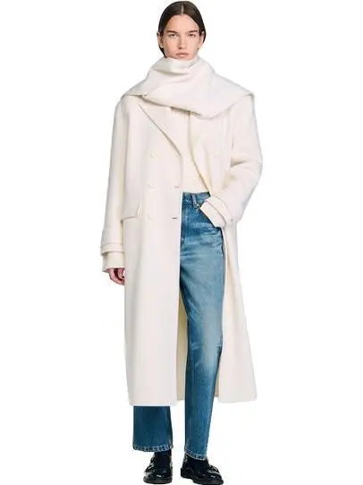 Sandro Oversized Double-faced Wool Coat With Scarf - Neutral / White