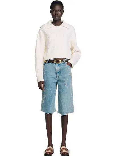 Sandro Cable Knit Sailor Collar Sweater - Neutral / White