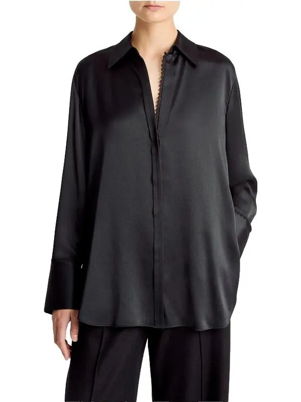 Vince Lace-trim Silk Relaxed Shirt - Black
