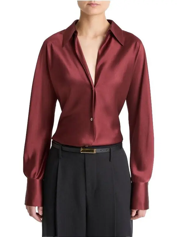 Vince Silk Bias Long-sleeve Blouse - Burgundy
