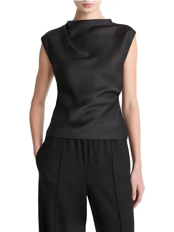 Vince Satin Cowl-neck Top - Black