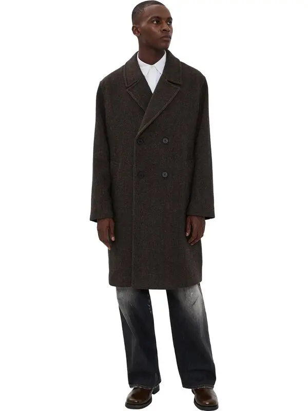 WAX LONDON Magnus Double-breasted Overcoat - Wool Herringbone/brown