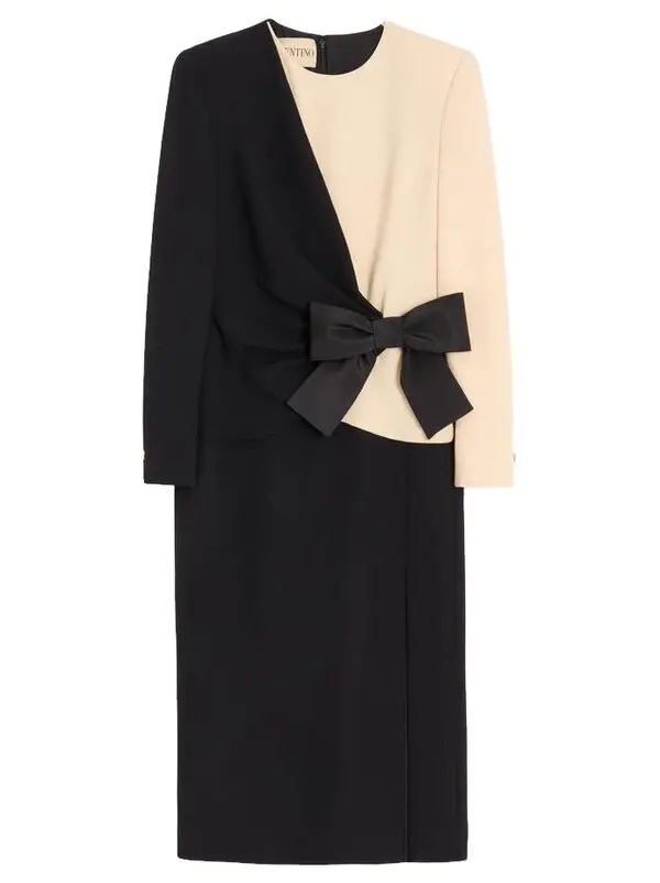 Valentino Garavani Wool Crepe Midi Dress With Faille Bow - Black/birch
