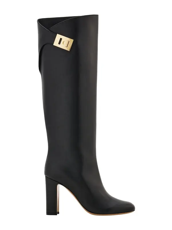 FERRAGAMO Knee-high Boot With Hug Buckle Detail - Black