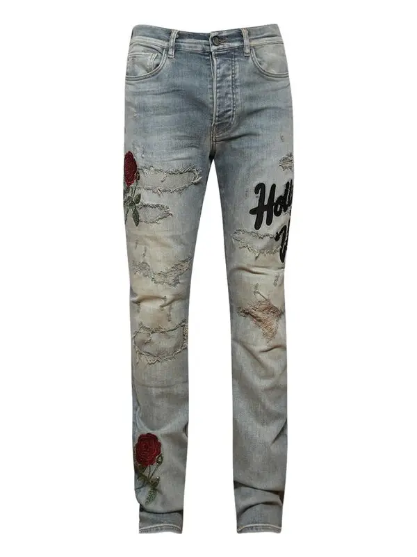 Amiri Floral Sequin Repaired Slim Jean Antique Indigo - Blue