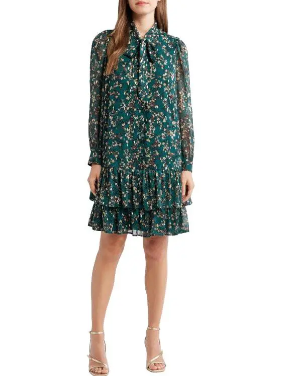Anne Klein Floral Tie-neck Ruffle Shirtdress - Midnight Pine Multi