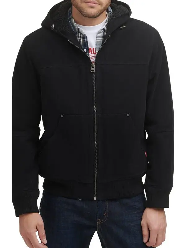 LEVI'S Workwear Cotton Canvas Faux Shearling Lined Hoodie Bomber Jacket - Black