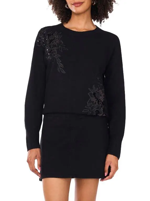 Vince Camuto Sequin Beaded Embroidery Detail Sweater - Rich Black