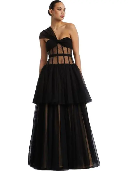 Bcbgmaxazria Dotted Tulle One-shoulder Gown - Black