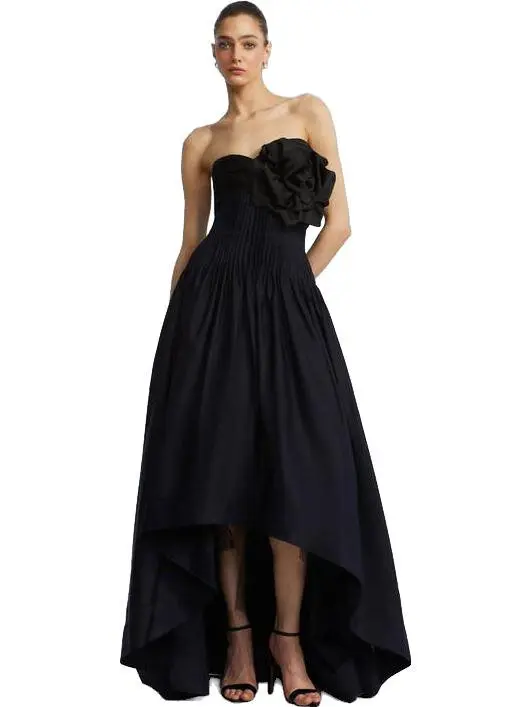 Bcbgmaxazria Taffeta High-low Gown With Floral Appliqu - Black & Sky Captain Combo