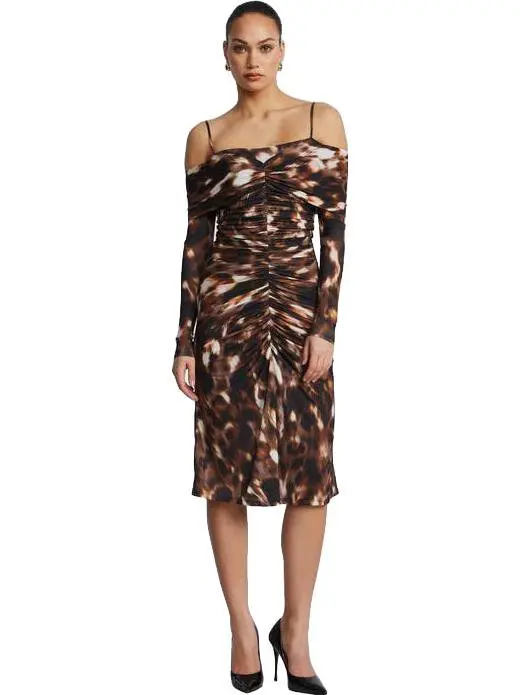 Bcbgmaxazria Printed Stretch Mesh Off-shoulder Midi Dress - Leopard Desert Palm Print