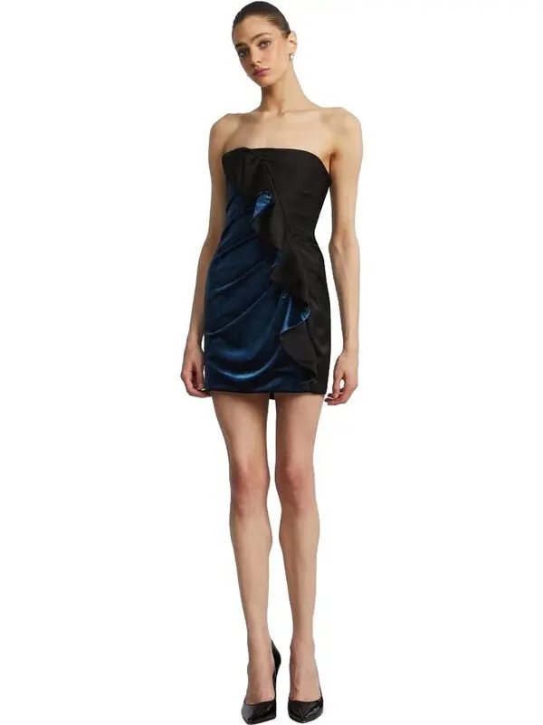 Bcbgmaxazria Velvet And Satin Ruffle Cocktail Dress - Black & Sky Captain Combo
